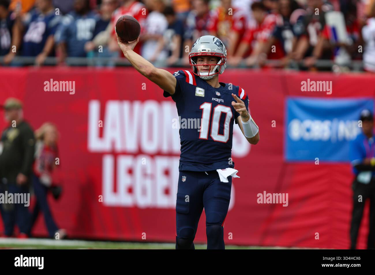 New England Patriots quarterback Drake Maye (10) warms up before an NFL ...