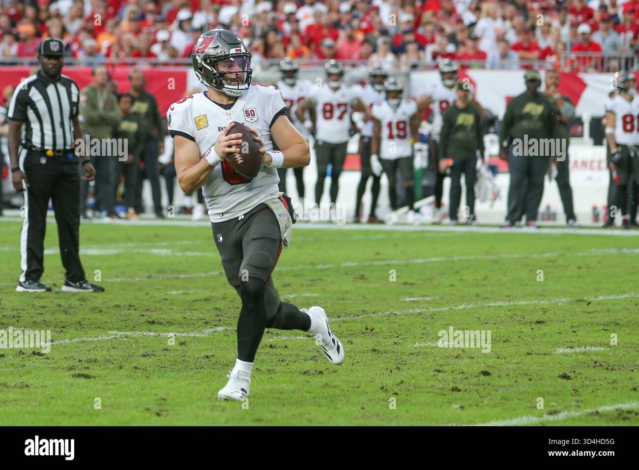 Tampa Bay Buccaneers quarterback Baker Mayfield (6) scrambles right ...