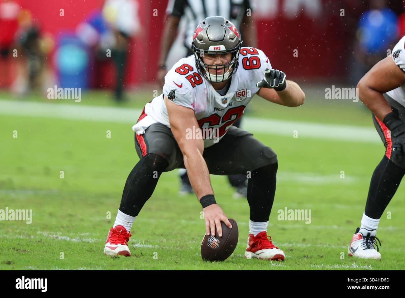 Tampa Bay Buccaneers center Graham Barton (62) calls a signal during an ...