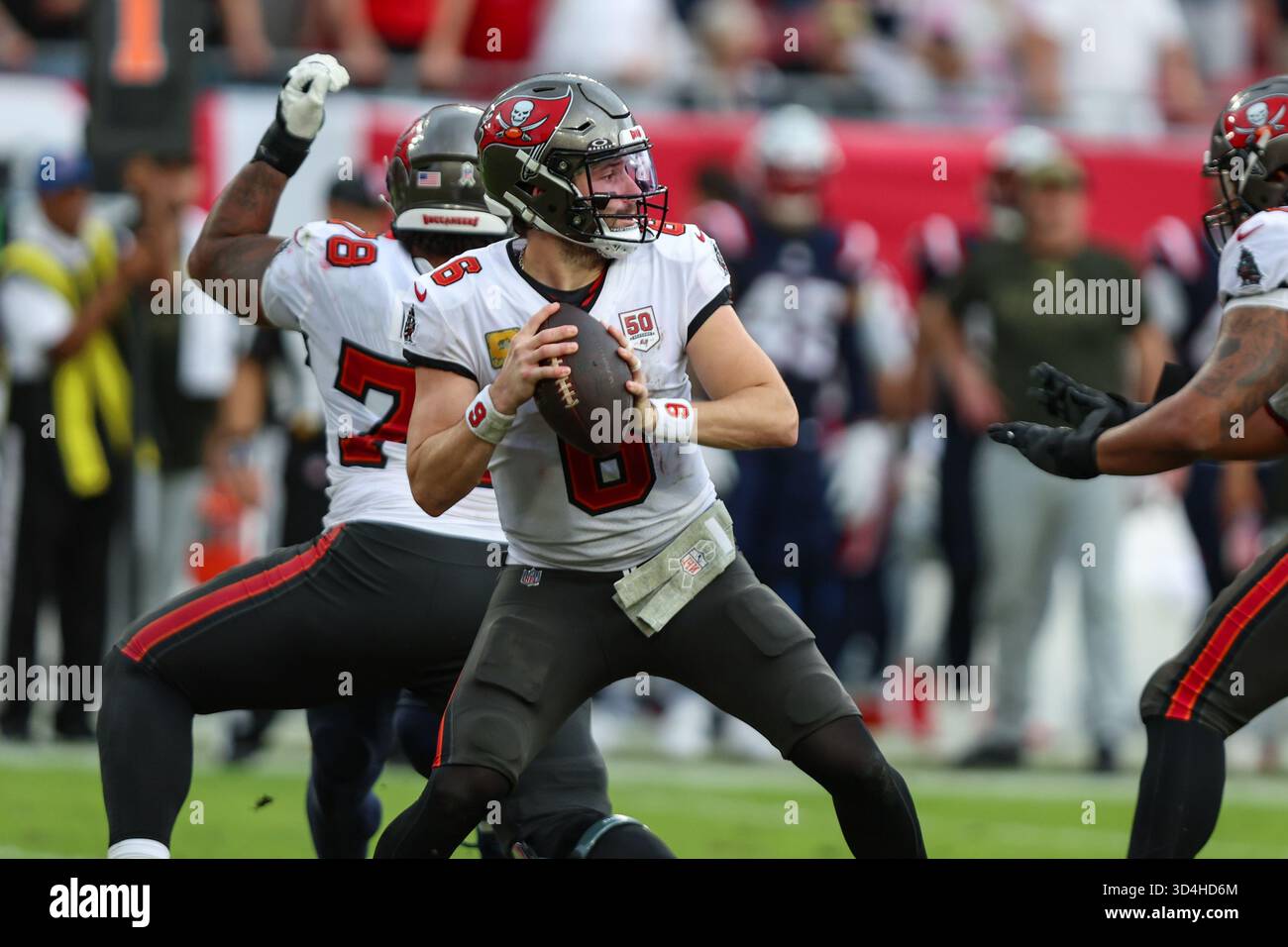 Tampa Bay Buccaneers quarterback Baker Mayfield (6) looks downfield ...