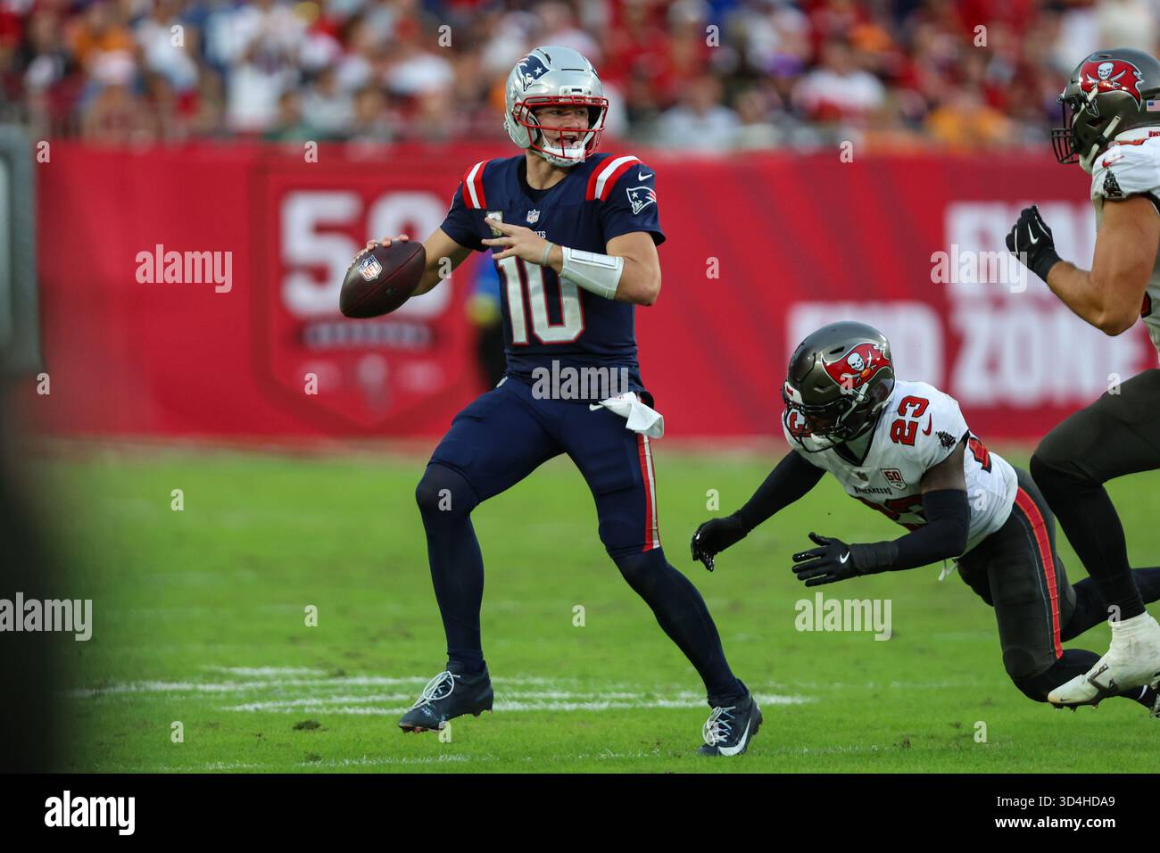 New England Patriots quarterback Drake Maye (10) looks downfield during ...