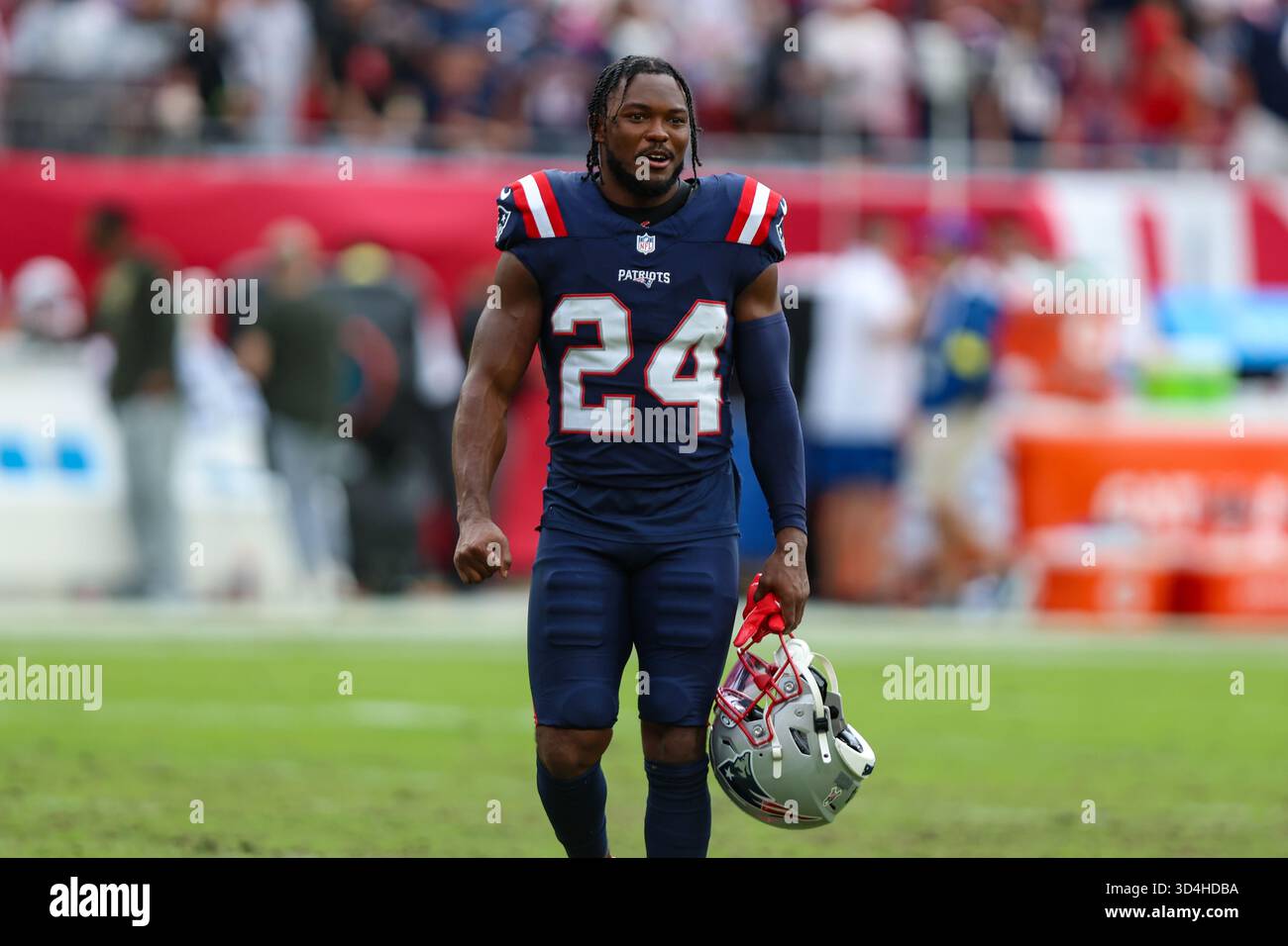 New England Patriots safety Dell Pettus (24) leaves the field after an ...