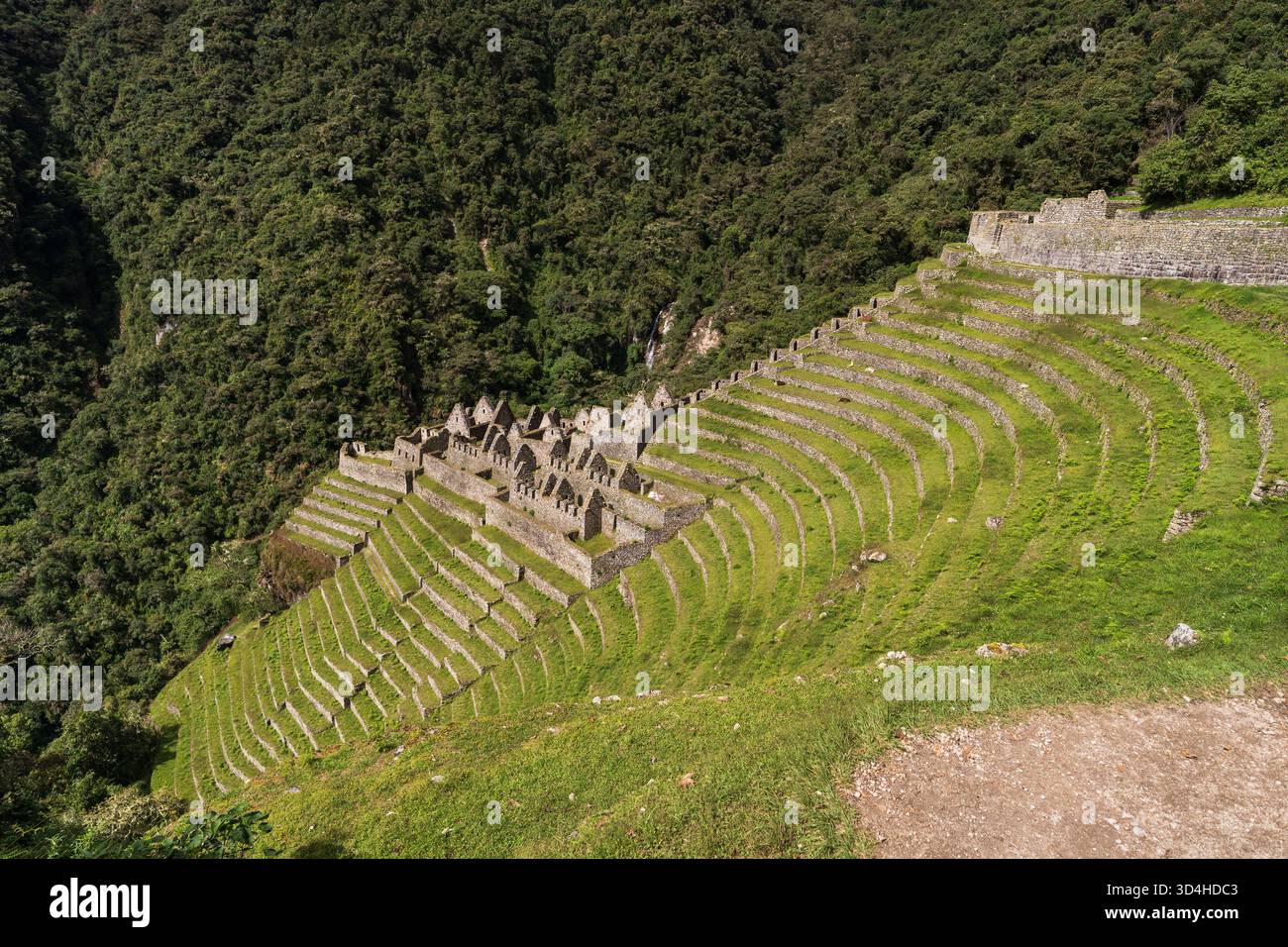 Overview of Inca terraces and stone buildings at Wiñay Wayna ...