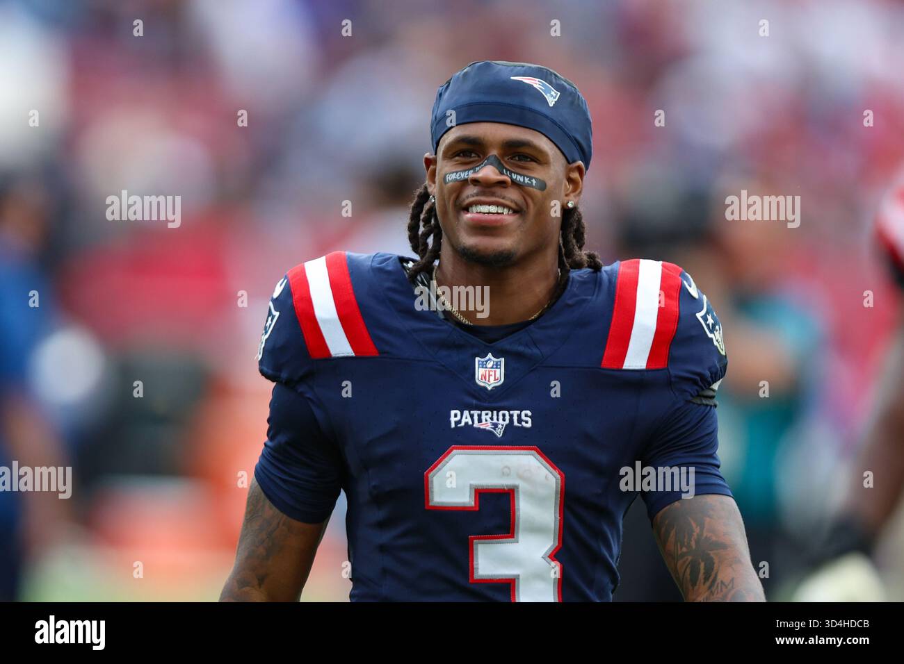 New England Patriots wide receiver DeMario Douglas (3) leaves the field ...