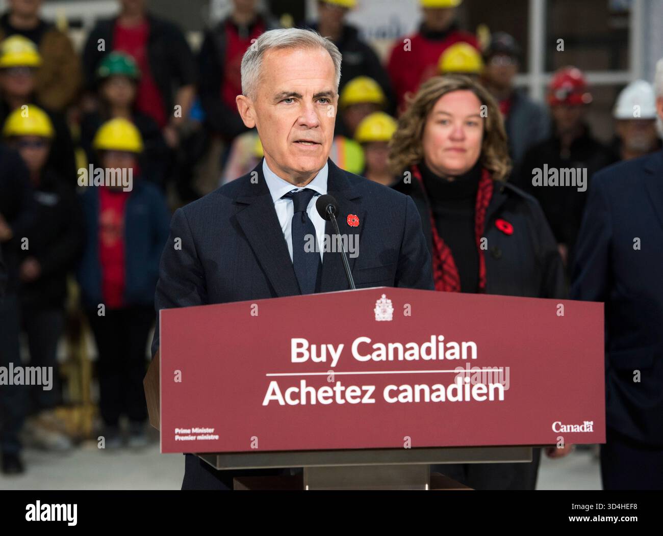 Prime Minister Mark Carney makes an announcement at the manufacturing ...
