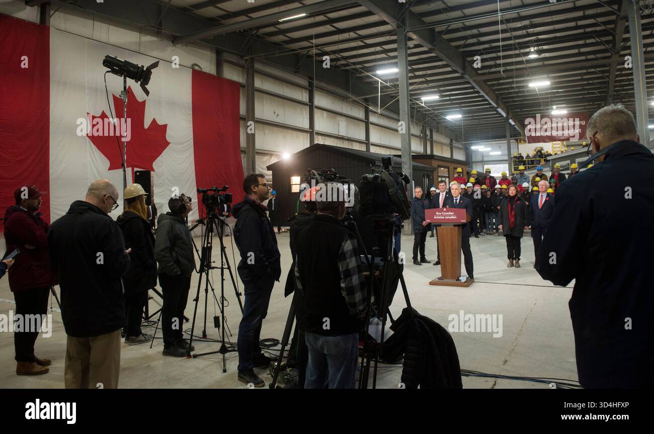 Prime Minister Mark Carney makes an announcement at the manufacturing ...