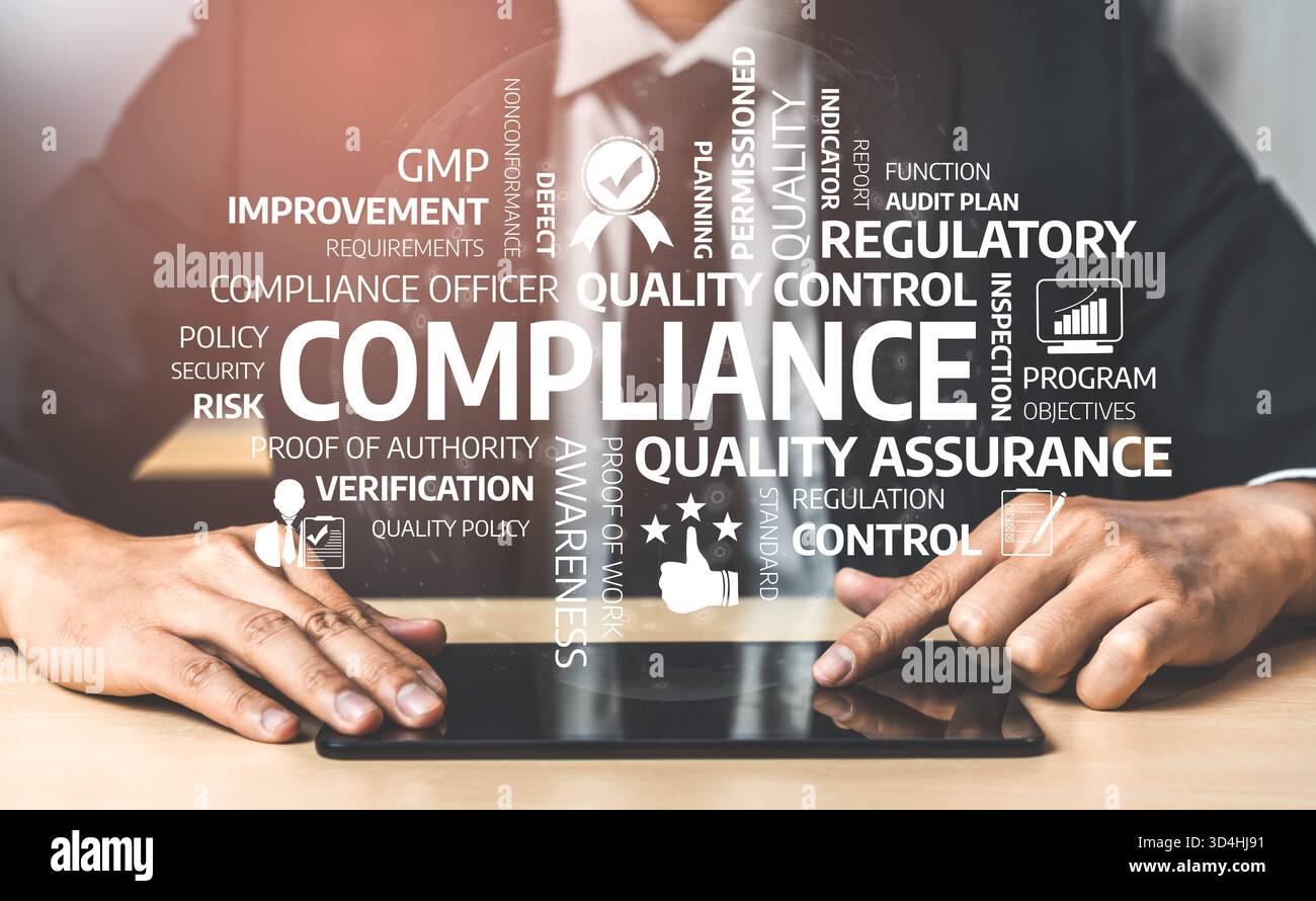 Compliance officer reviewing quality control metrics on a tablet. This ...