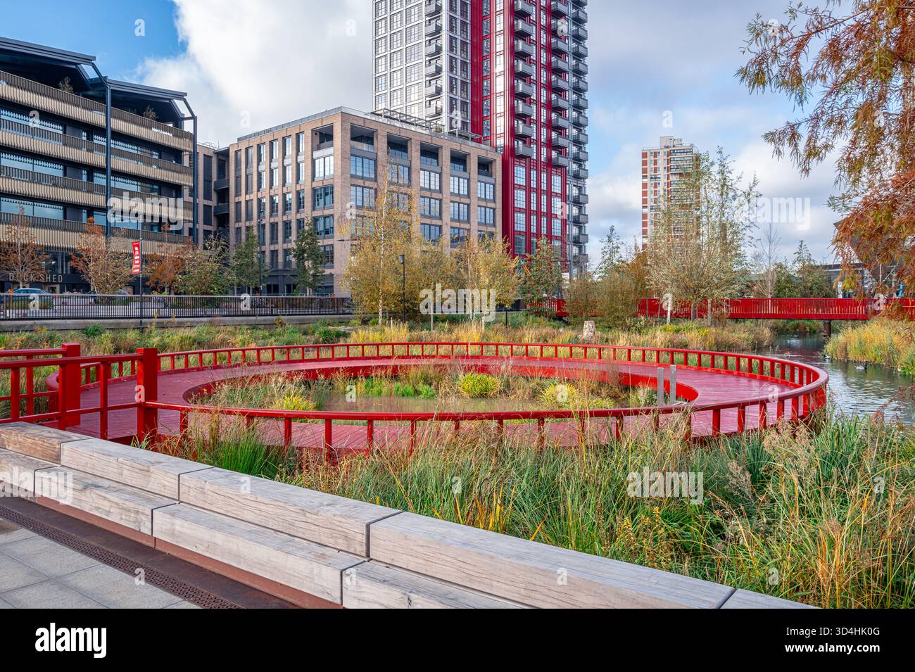 Rafter Walk, Canada Water, London. The red walkway was designed by ...