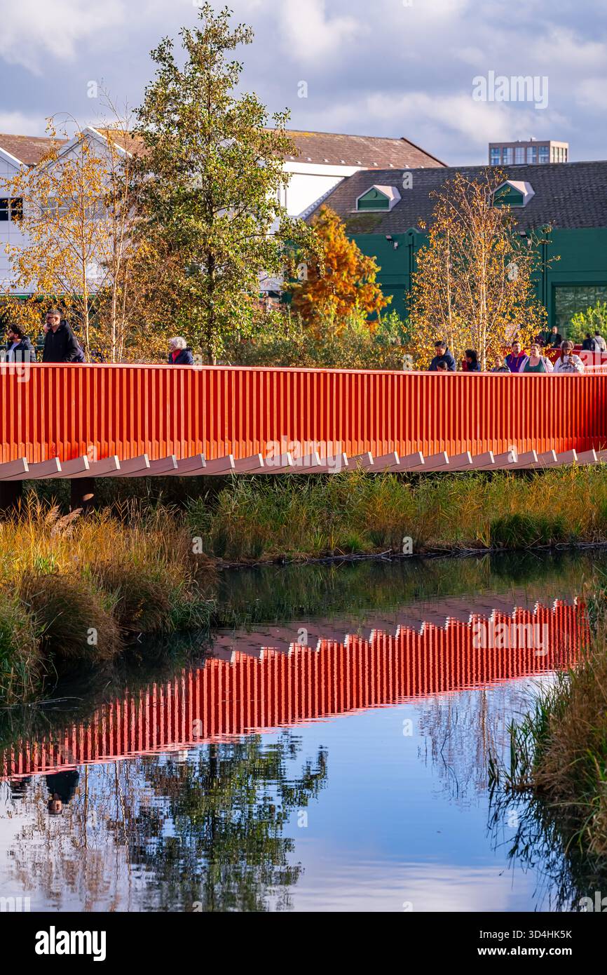 Rafter Walk, Canada Water, London. The red walkway was designed by ...