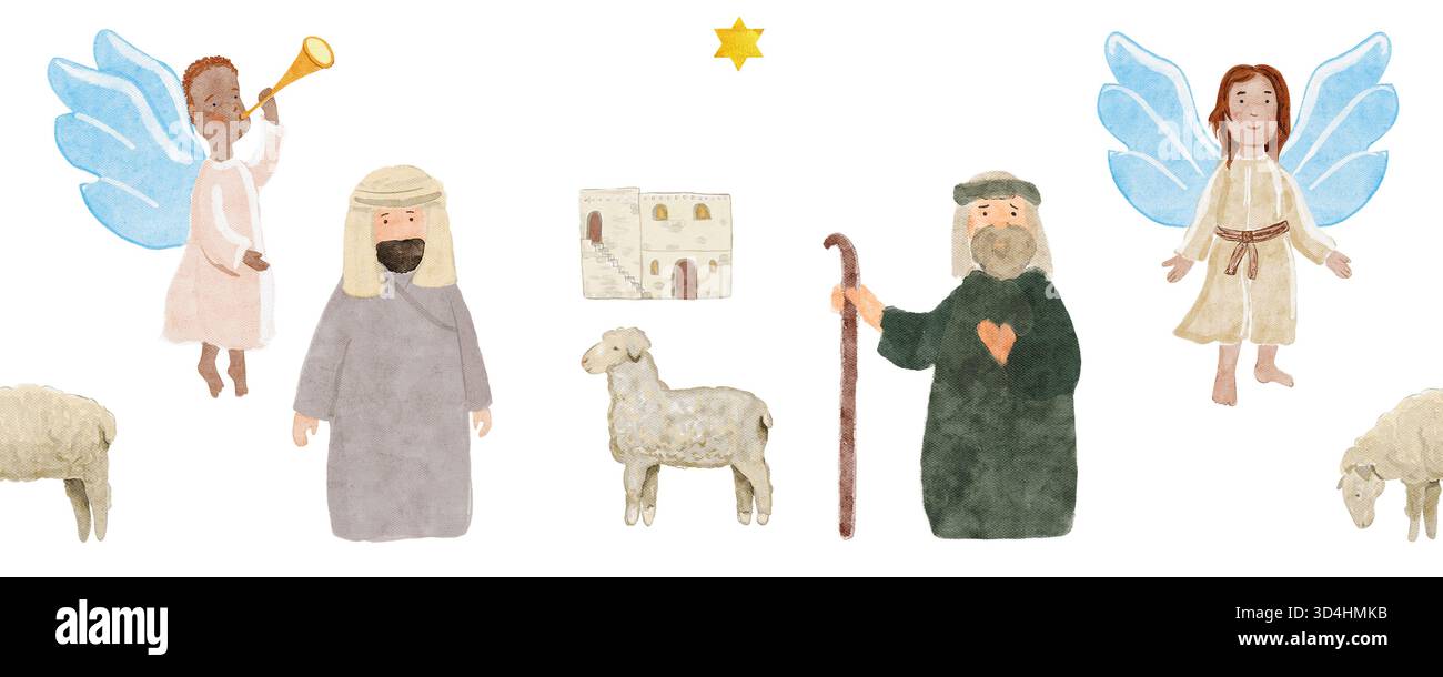 Nativity shepherds, angels, Bethlehem house and sheep. Hand-painted ...