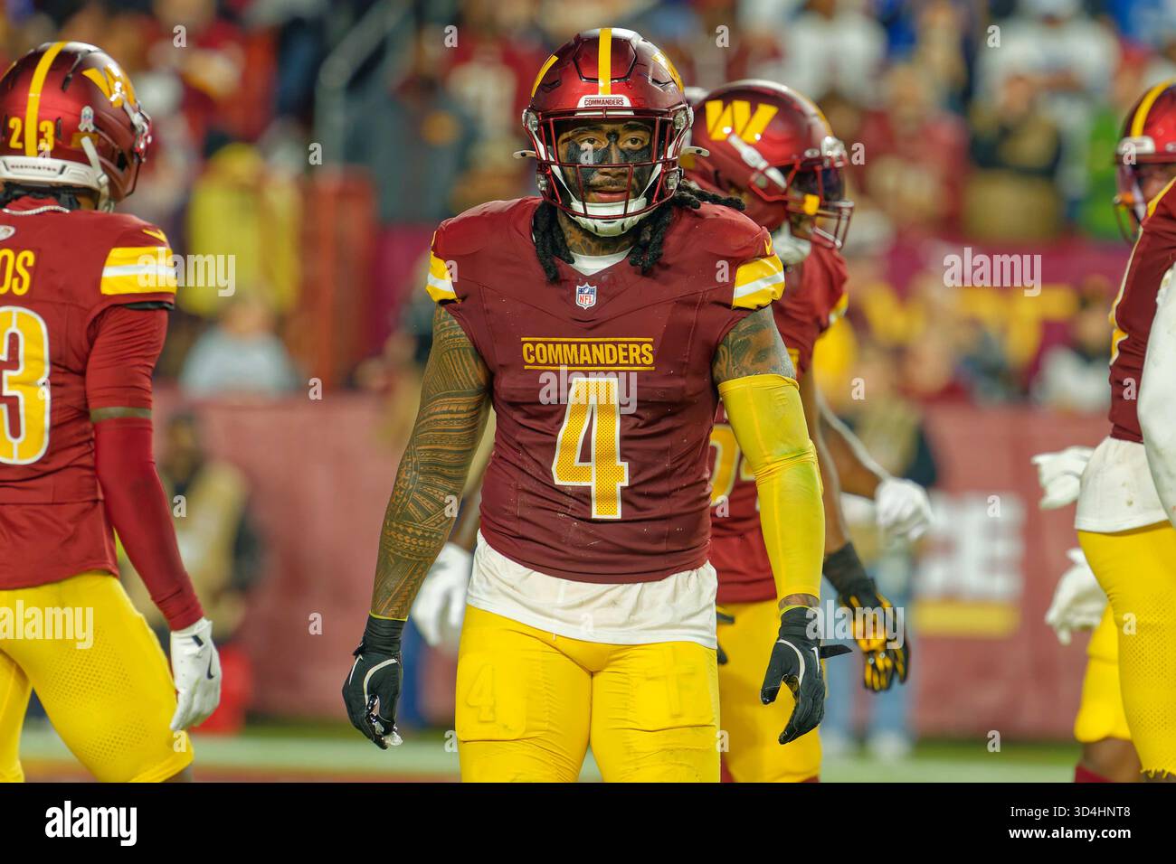 Washington Commanders Linebacker Frankie Luvu (4) between plays during ...