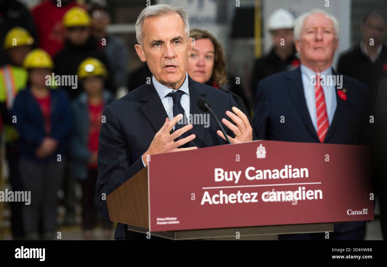 Prime Minister Mark Carney makes an announcement at the manufacturing ...