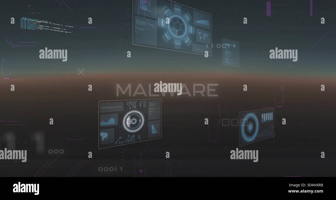 Projecting central MALWARE label hovering in cyber interface, with HUD ...