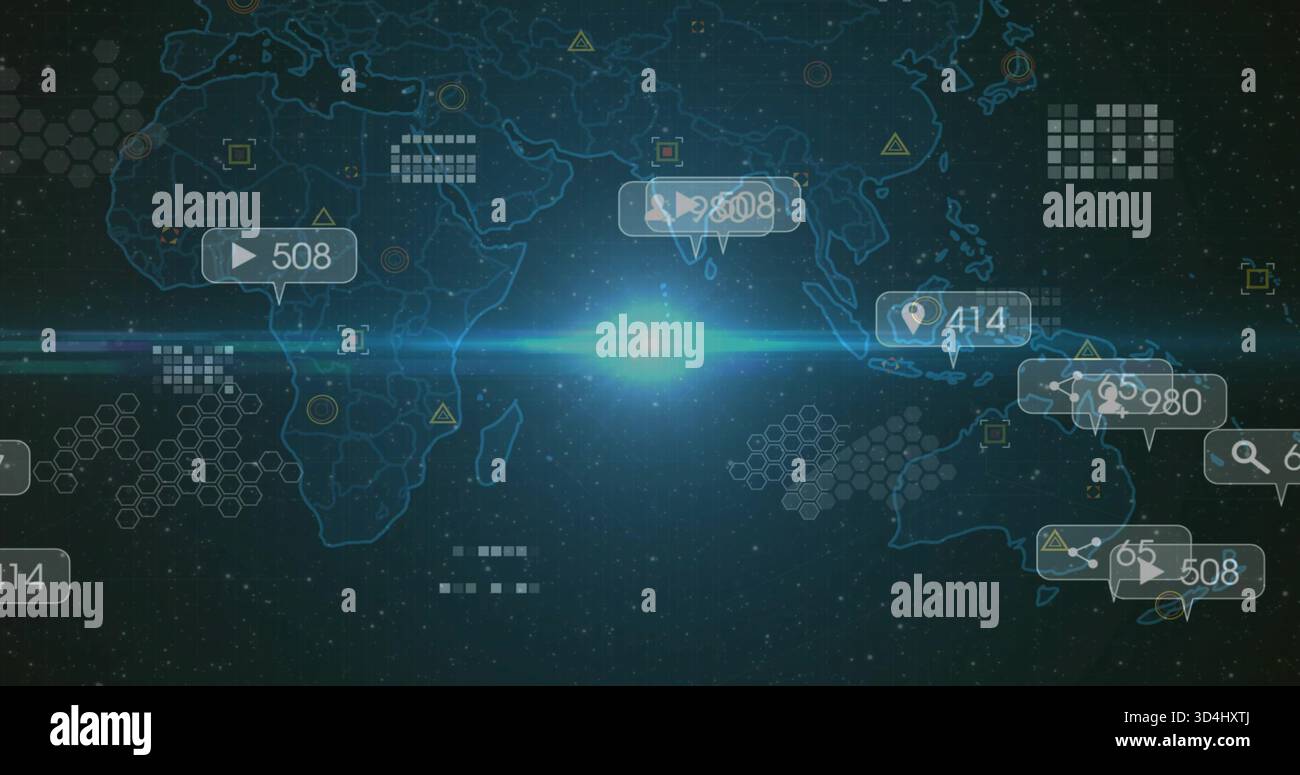 Displaying faint world map outline glowing with central cyan flare on ...