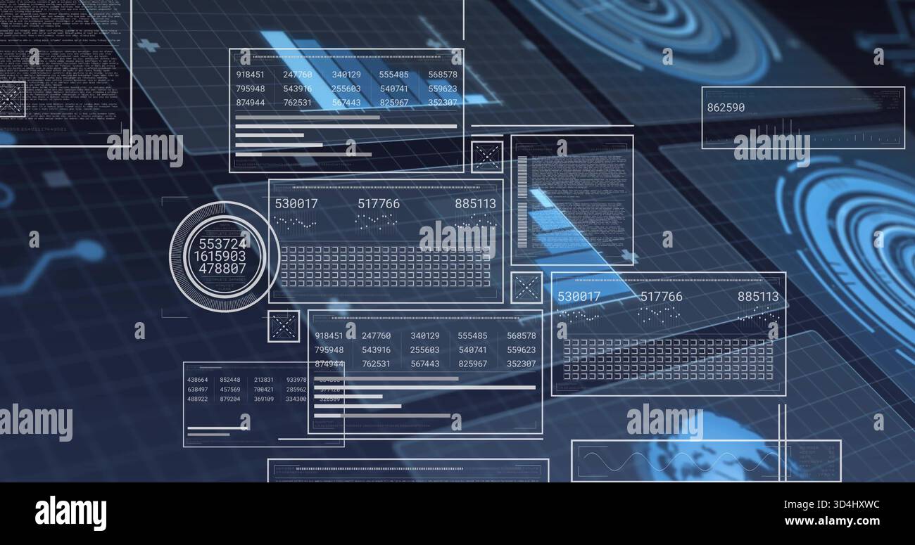 Displaying translucent HUD panels showing numeric readouts, radar rings ...