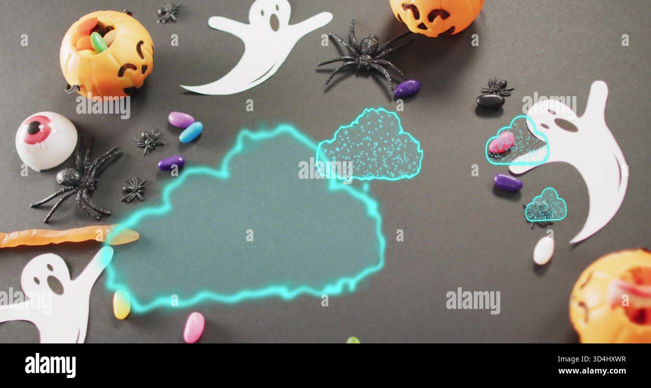 Showcasing central neon cyan cloud-shaped blank area on dark tabletop ...