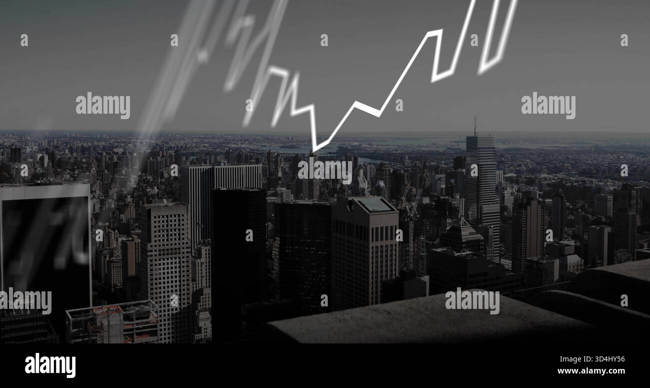 Framing dense city skyline showing glass towers from rooftop ledge ...