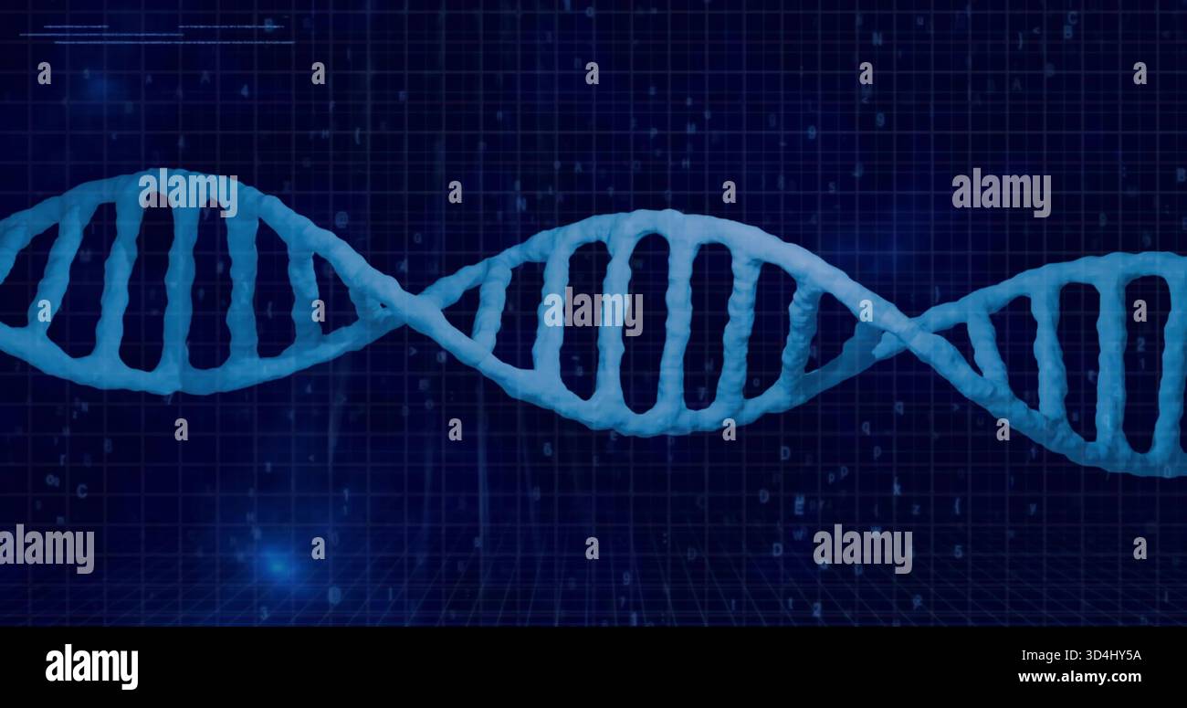 Floating translucent blue DNA helix spanning virtual lab floor, showing ...