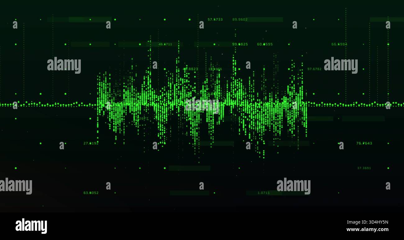 Displaying central neon green waveform pulsing on dark GUI, with ...