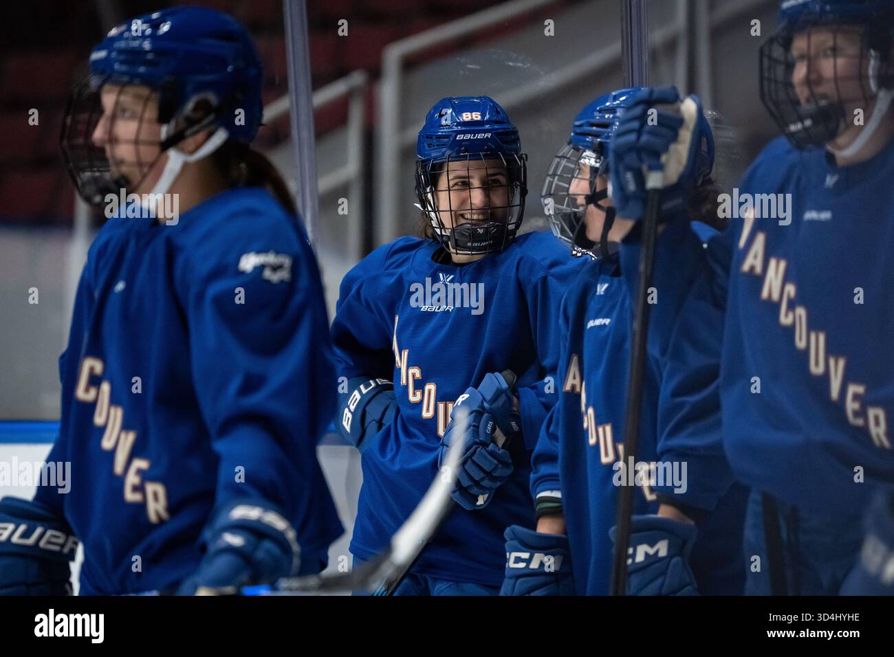Vancouver Goldeneyes' Michela Cava (86) speaks with her teammates ...