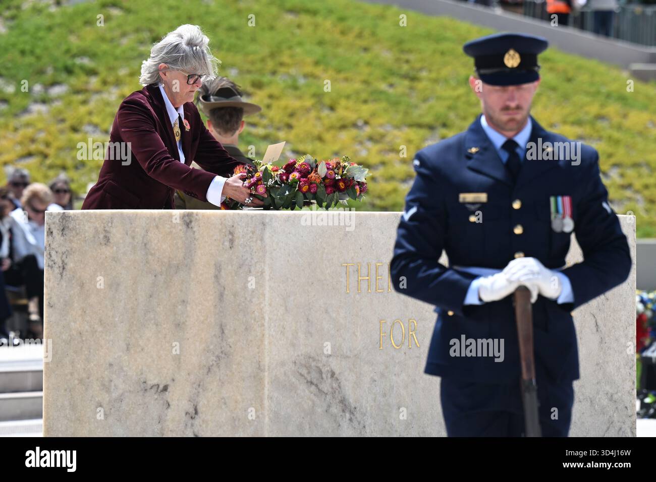Australian Governor-General Sam Mostyn lays a wreath during a ...