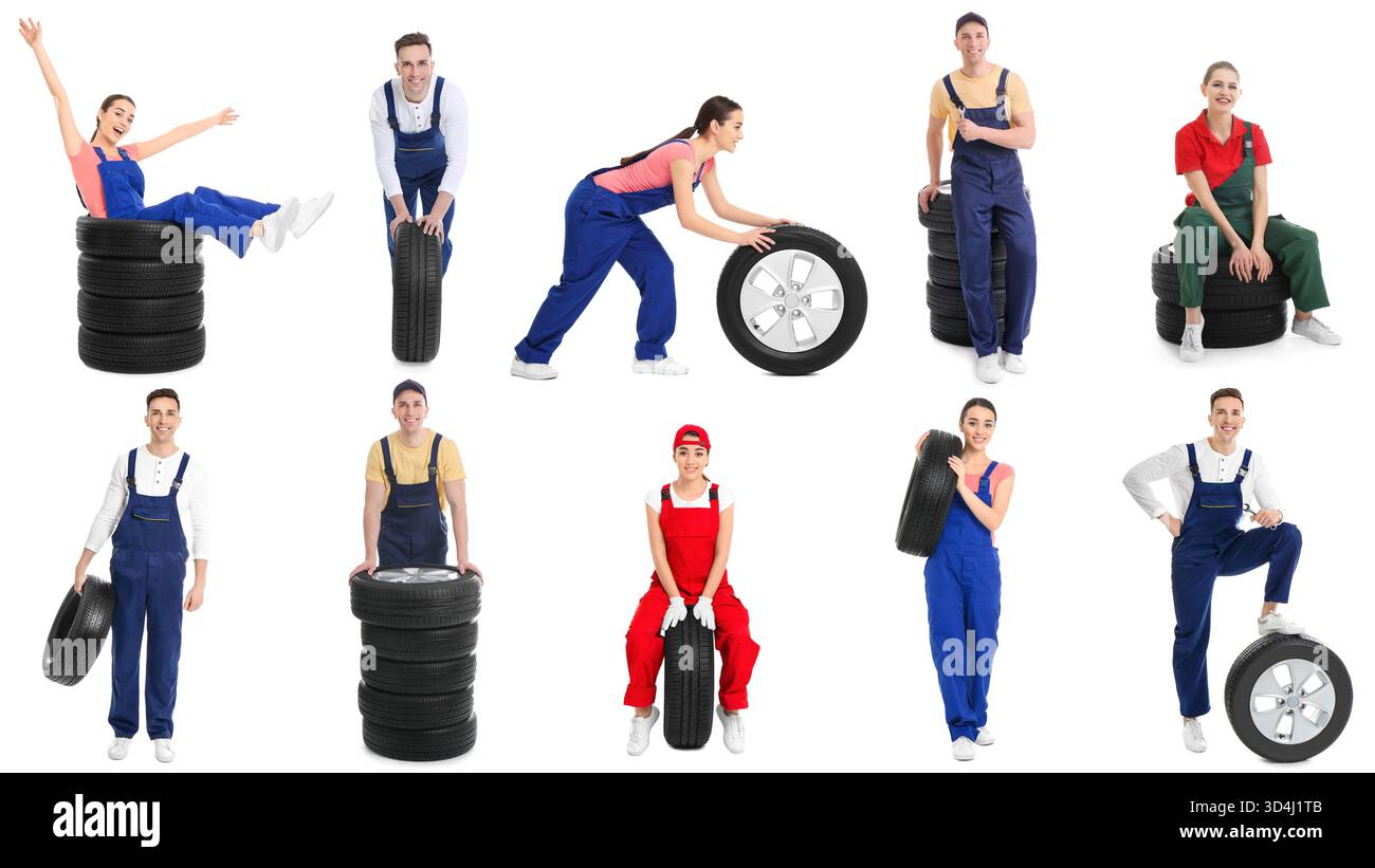 Tire service workers and wheels isolated on white, collage Stock Photo ...