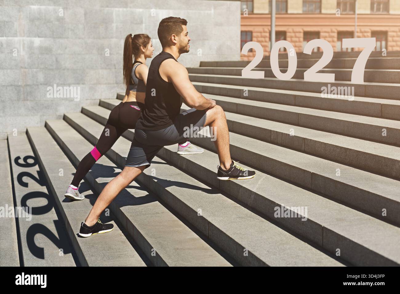 Fitness Enthusiasts Stretching on Stairs With Future Years Displayed in ...