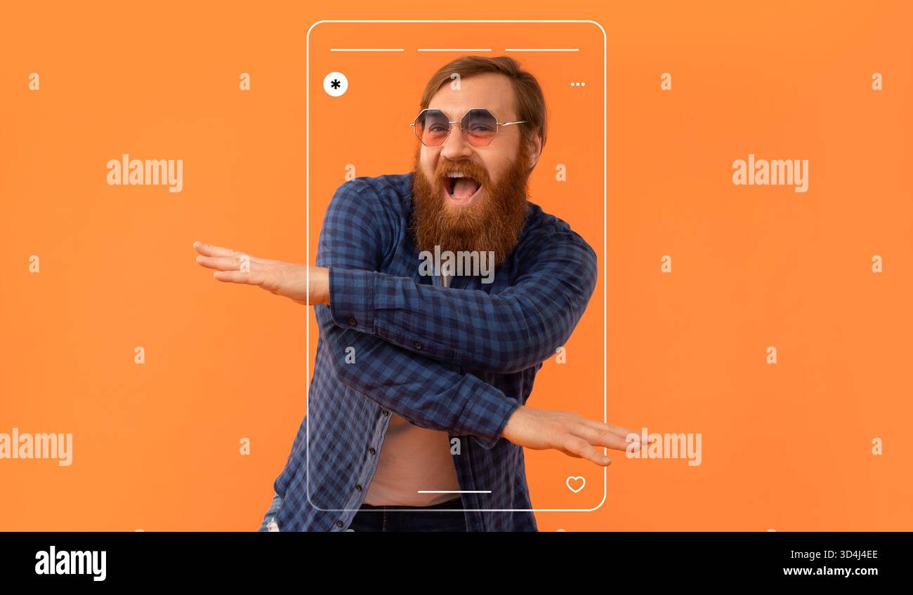 Creative Collage Featuring a Happy Man Dancing in Front of an Orange ...