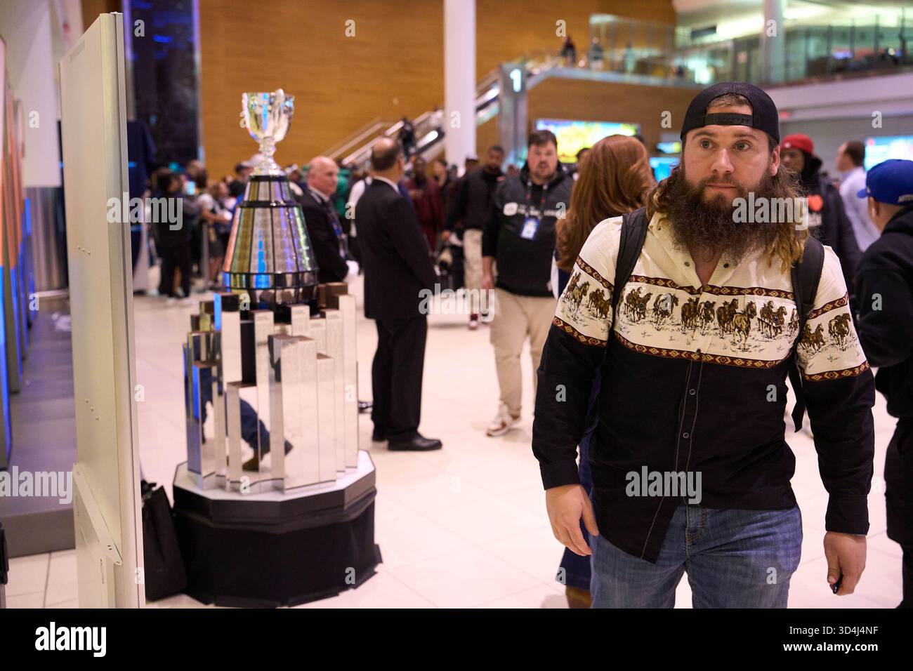 Saskatchewan Roughriders' A.J. Ouellette arrives in Winnipeg, Manitoba, Monday, Nov. 10, 2025 ...