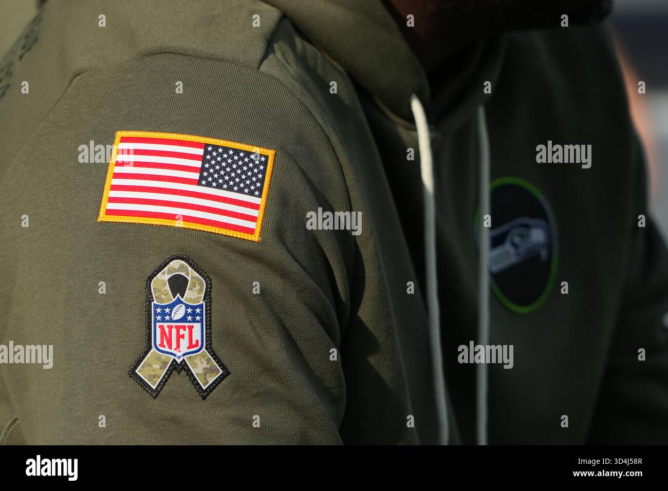 A Seattle Seahawks player wears Salute to Service hoodie before an NFL ...