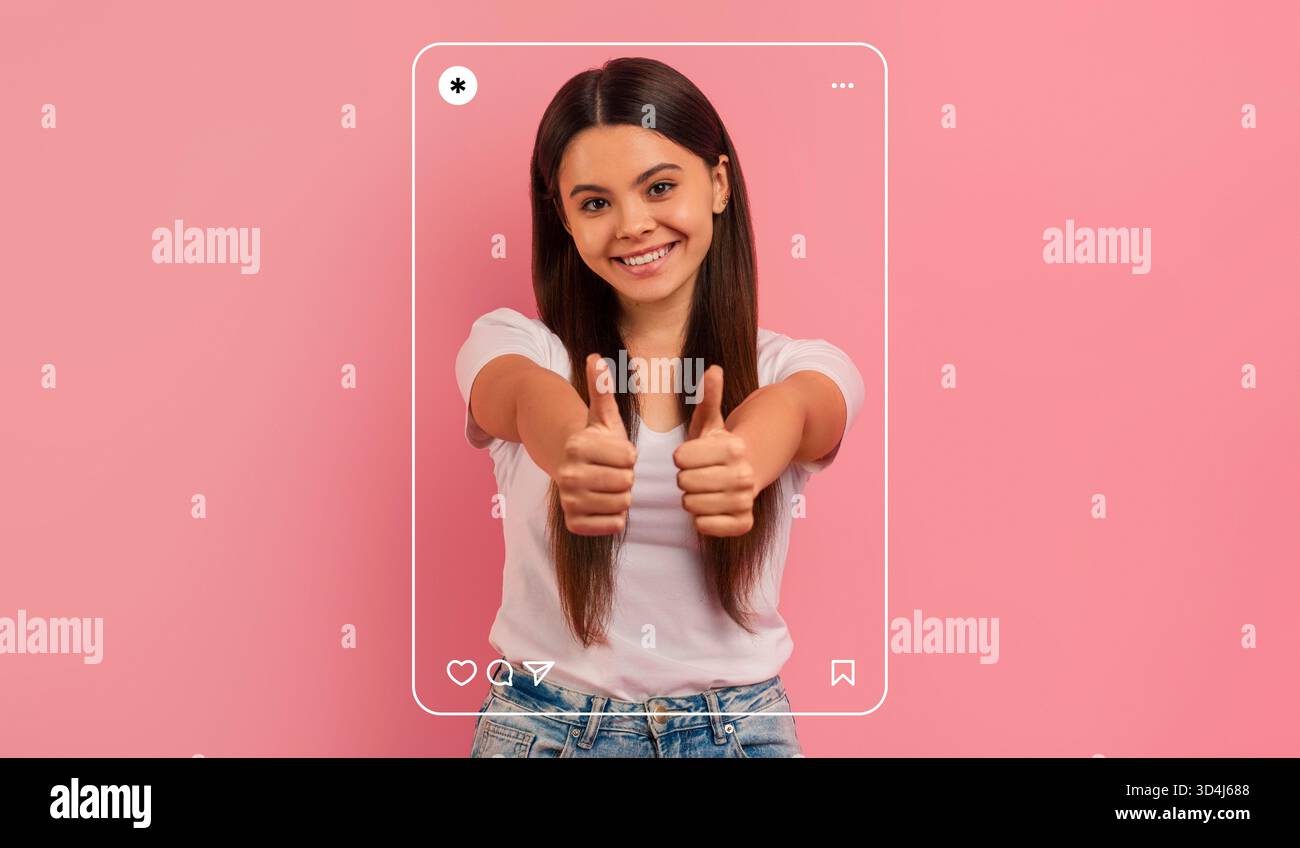 Young Woman Expresses Joy and Positivity With Thumbs up in a Pink ...