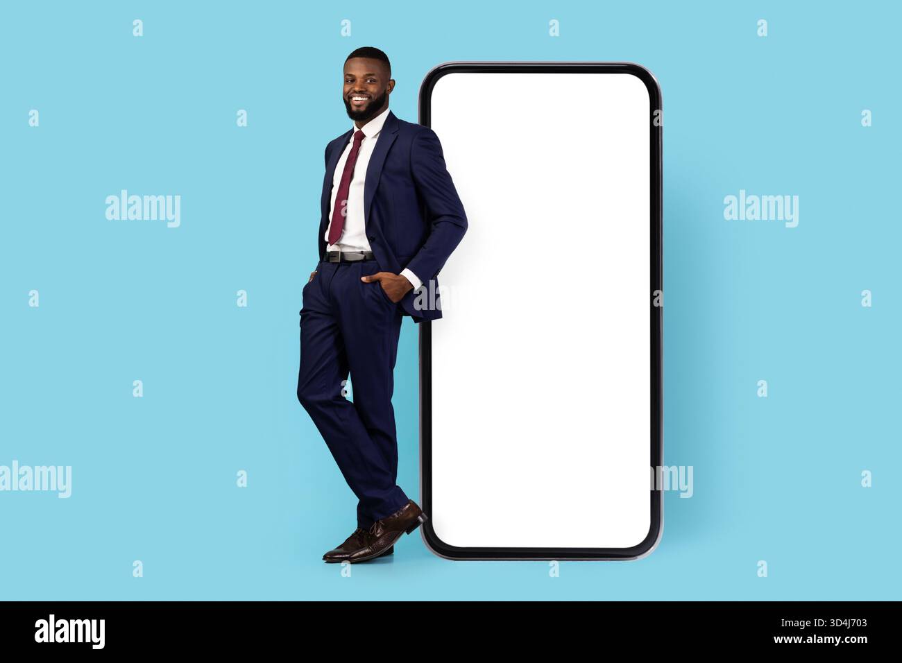 Business App. Handsome Black Male Entrepreneur In Suit Leaning At Blank ...