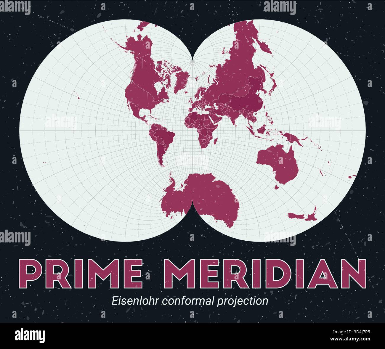 Prime Meridian. World map. Eisenlohr conformal projection centered to ...