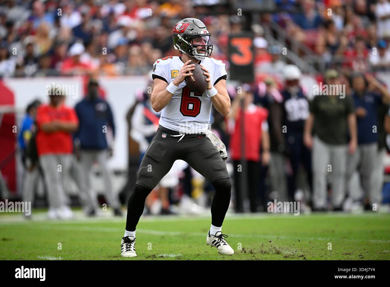Tampa Bay Buccaneers quarterback Baker Mayfield (6) looks for a ...