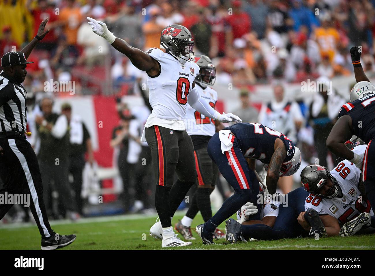 Tampa Bay Buccaneers linebacker Yaya Diaby (0) reacts after a play ...