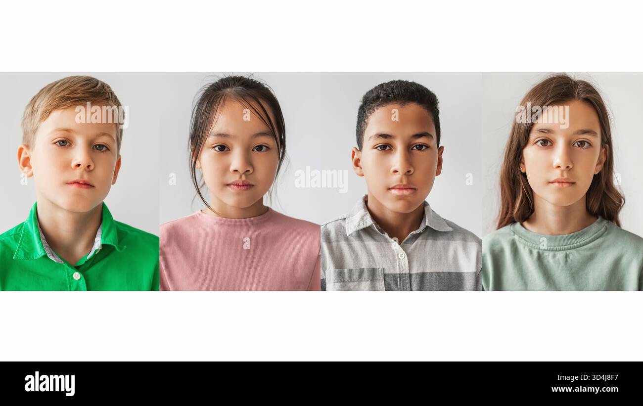 Multiracial Preteen Children Posing Together Against a Simple White ...