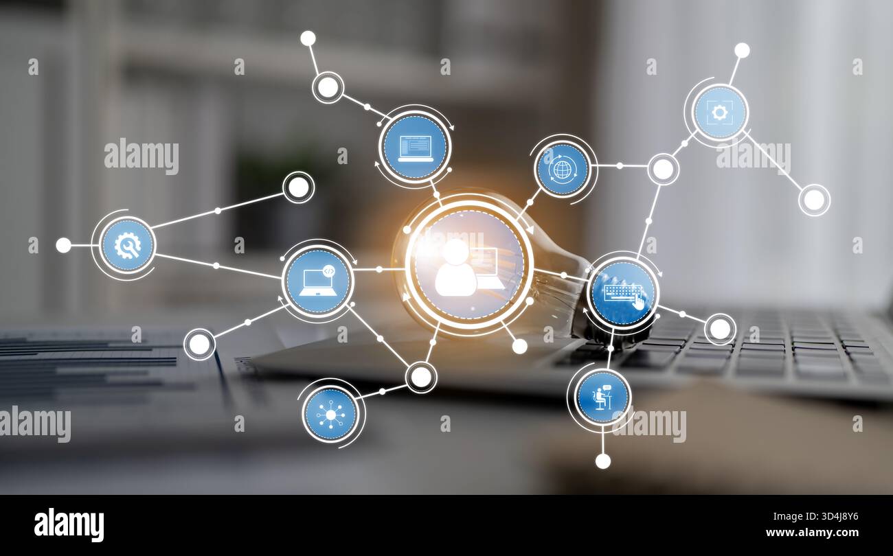 Digital illustration of a network connection in a modern workspace ...