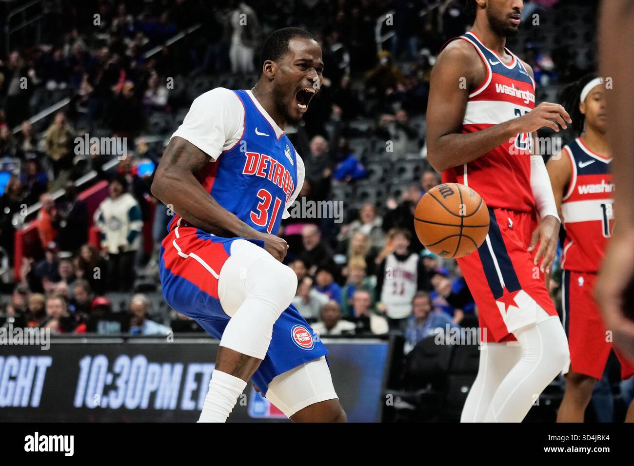 Detroit Pistons guard Javonte Green reacts after dunking the ball ...