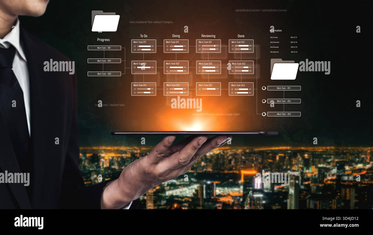 Project management system showing workflow stages, task progress, and ...
