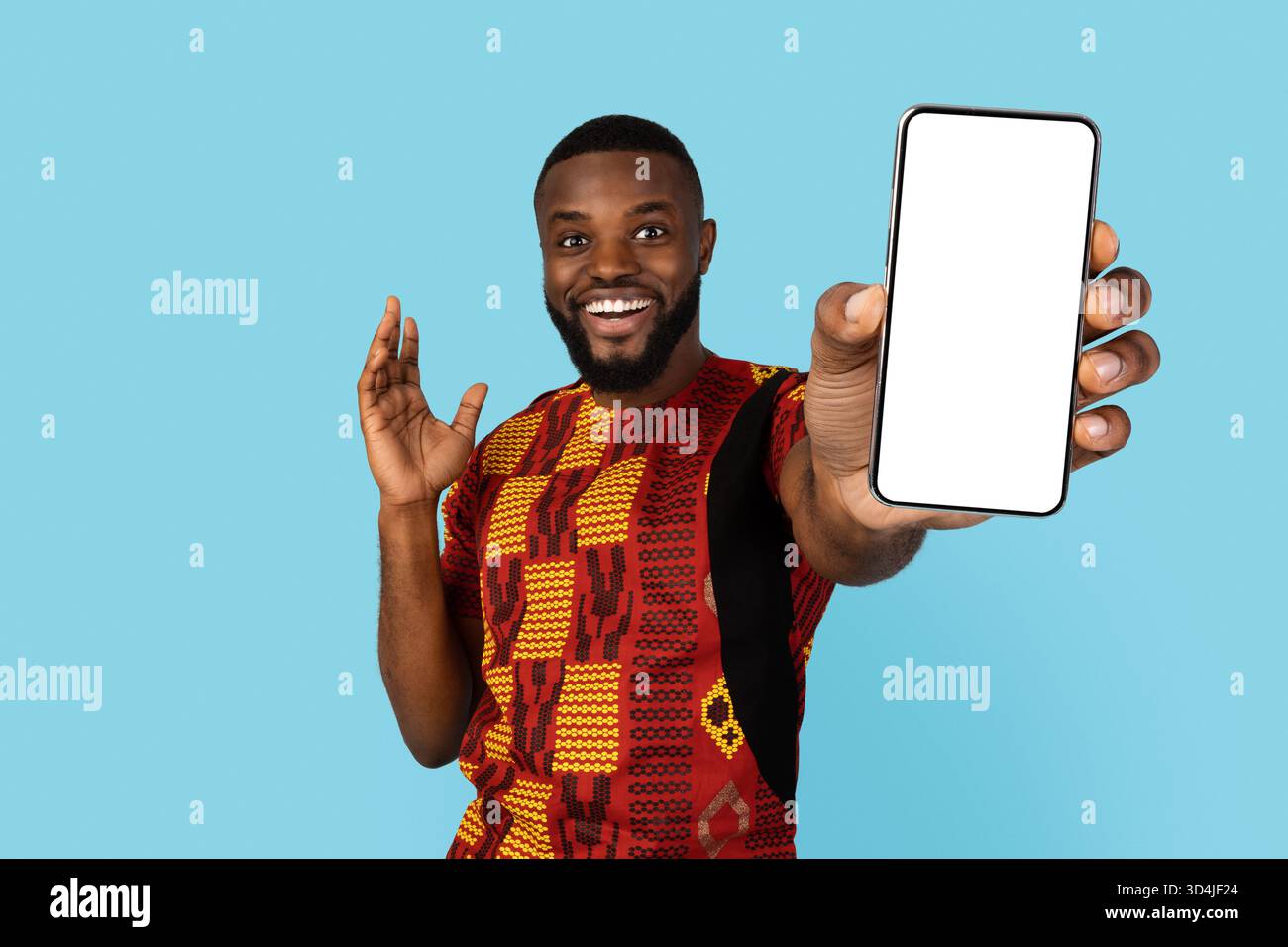 Excited Black Man Demonstrating Big Blank Smartphone In His Hand Stock ...