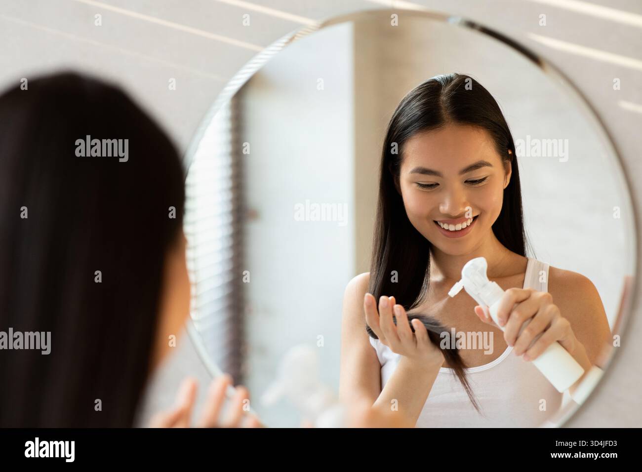 Young Woman Enjoying Hair Care Routine in Bathroom After Morning Shower ...