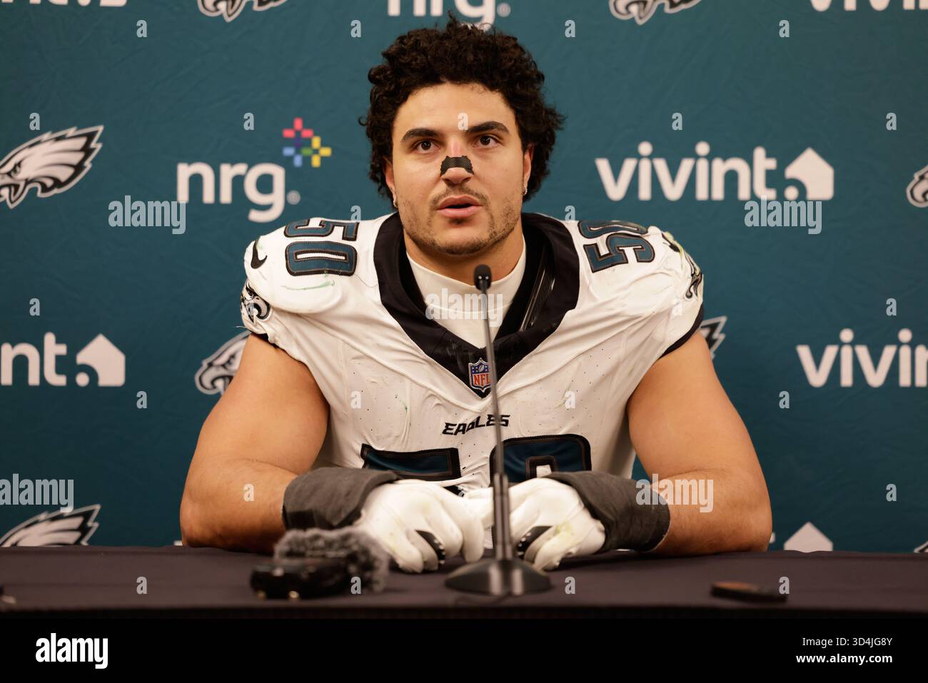 Philadelphia Eagles' Jaelan Phillips talks after an NFL football game ...