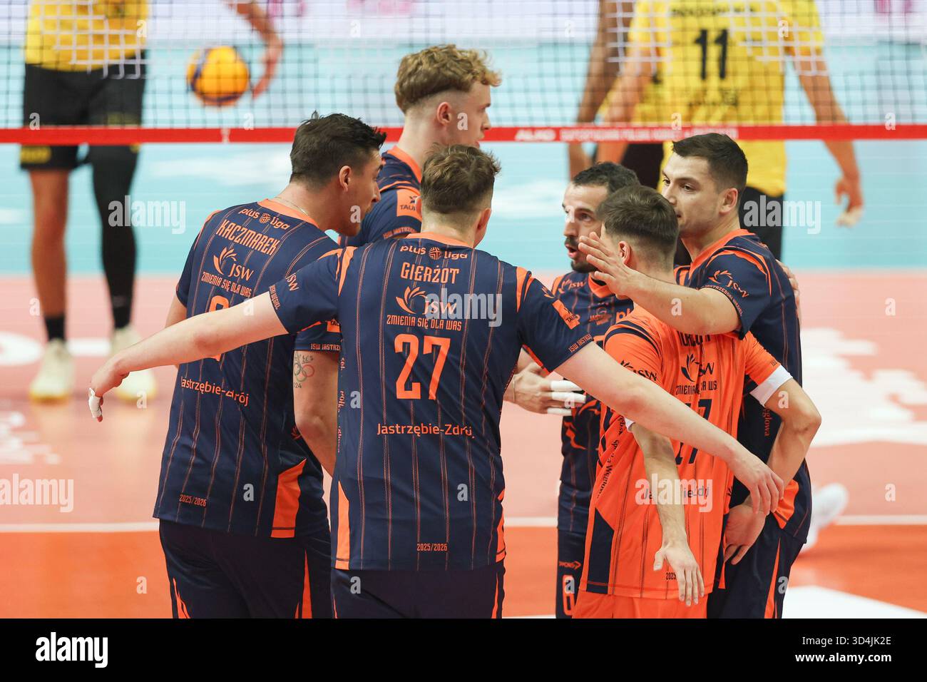 Players of Jastrzebski Wegiel celebrate after winning a point during the SuperCup match between ...