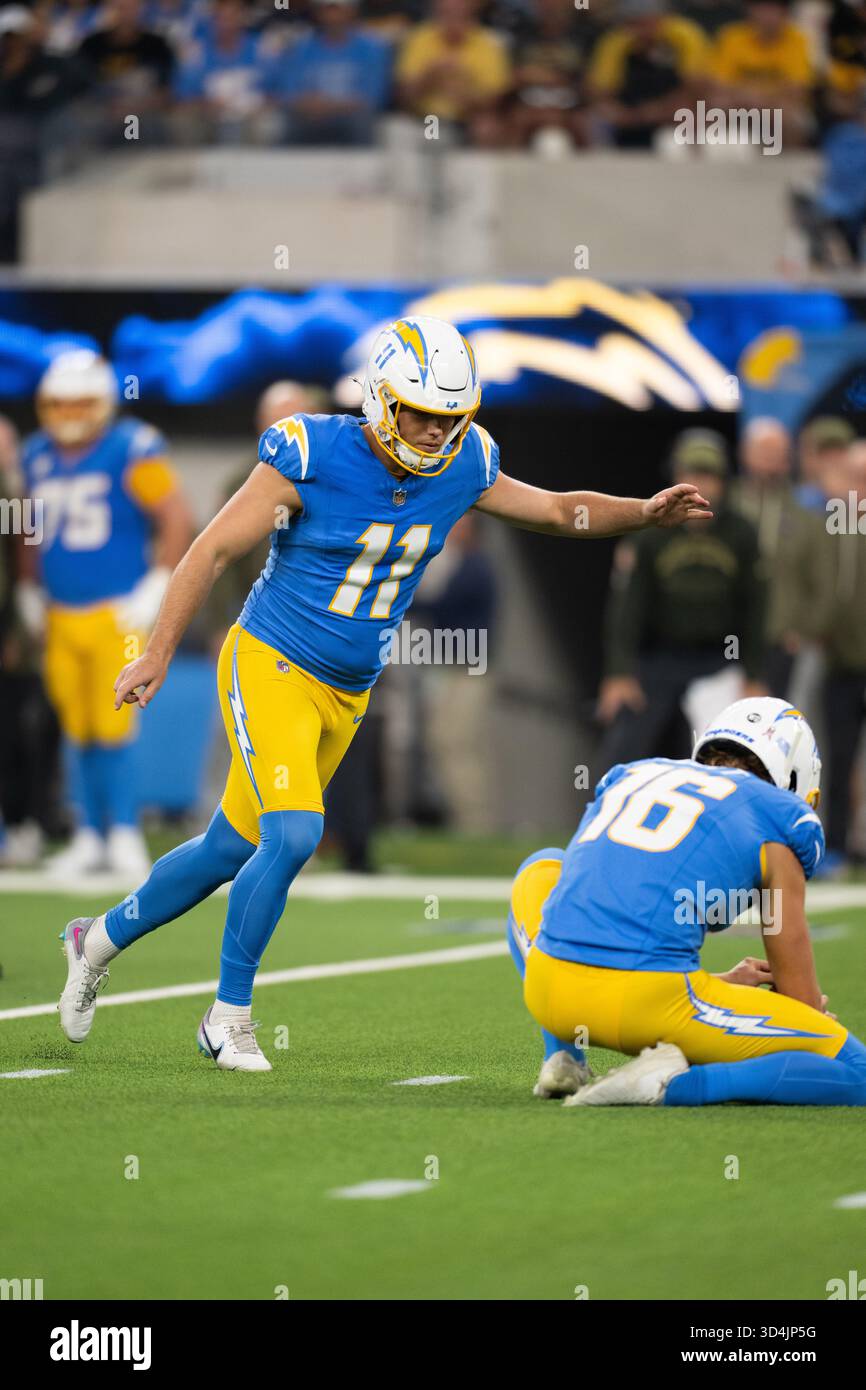 Los Angeles Chargers place kicker Cameron Dicker (11) kicks for a field ...