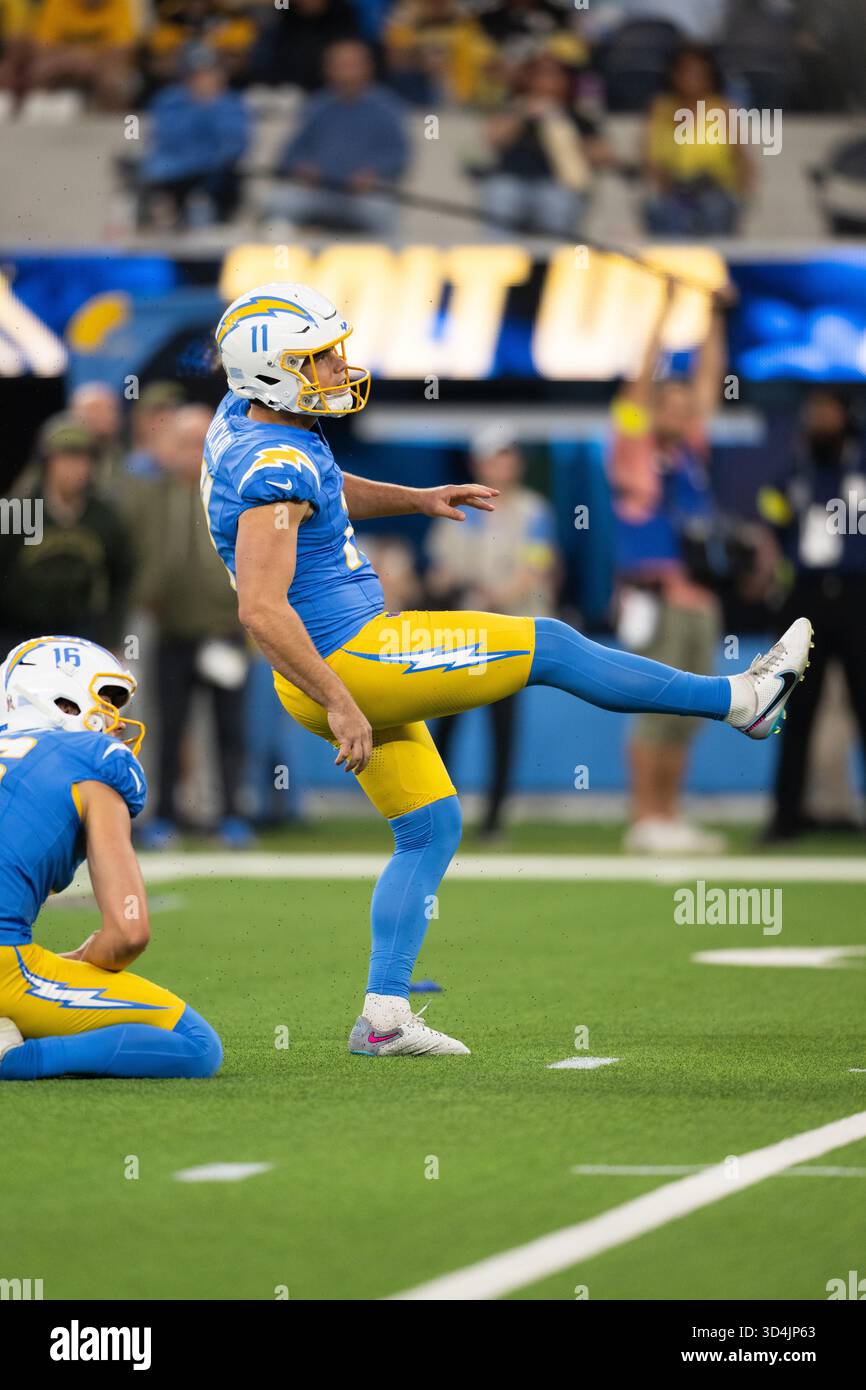 Los Angeles Chargers place kicker Cameron Dicker (11) kicks for a field ...