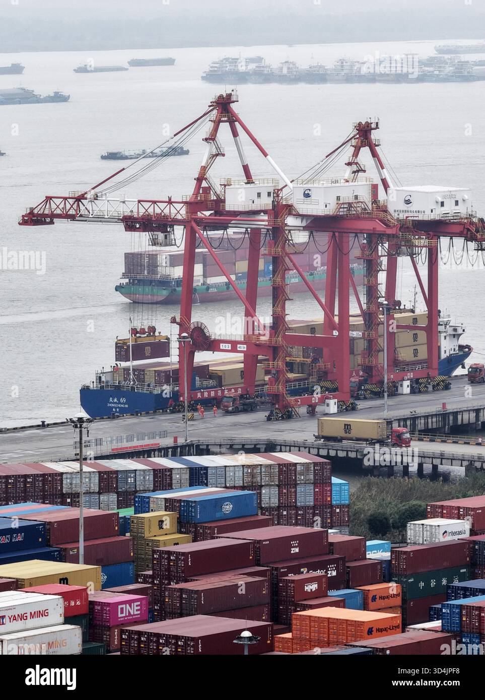 Aerial photo shows the busy container terminal at Yangzhou Port in ...