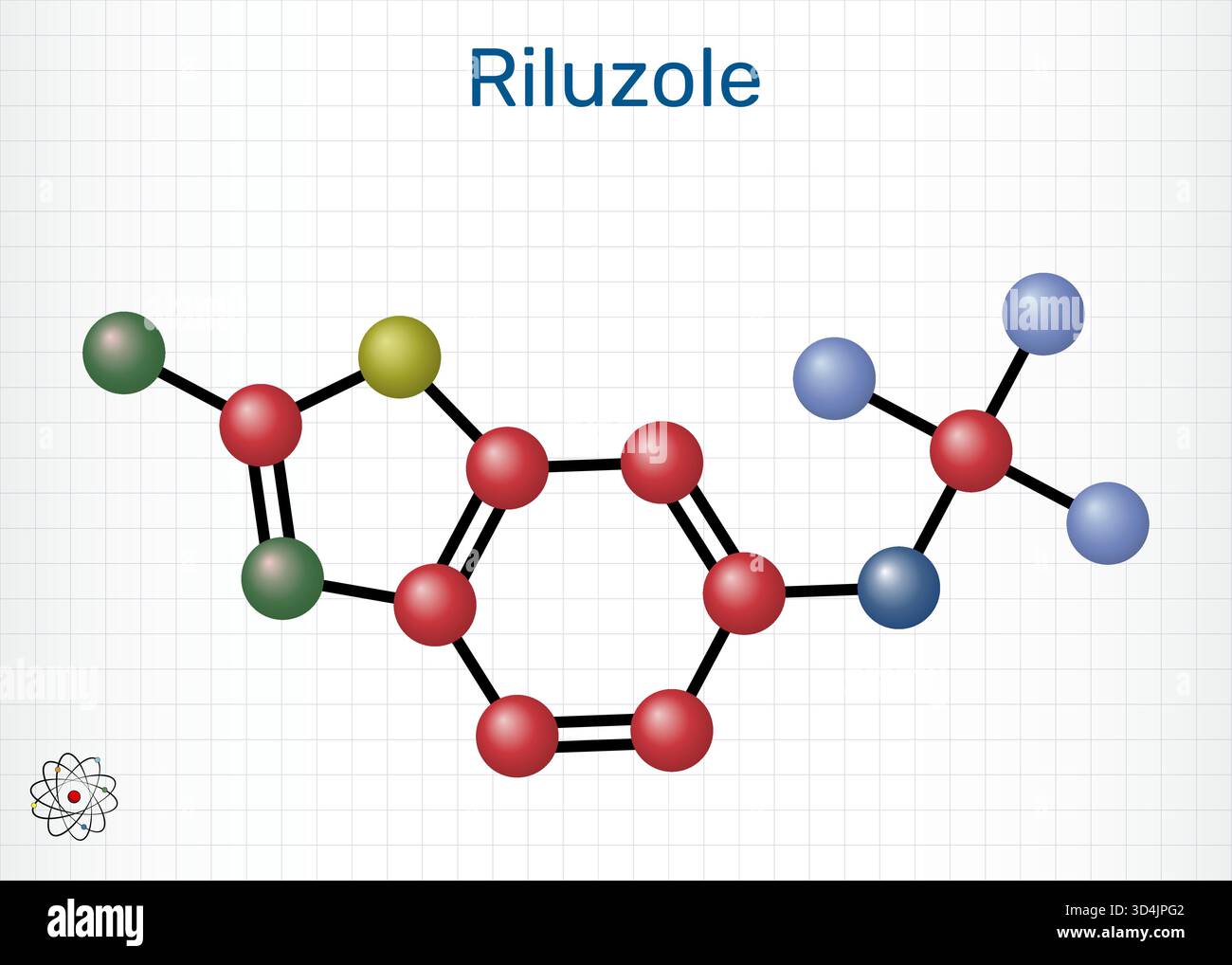 Riluzole benzothiazole neuroprotective drug molecule. Sheet of paper in ...