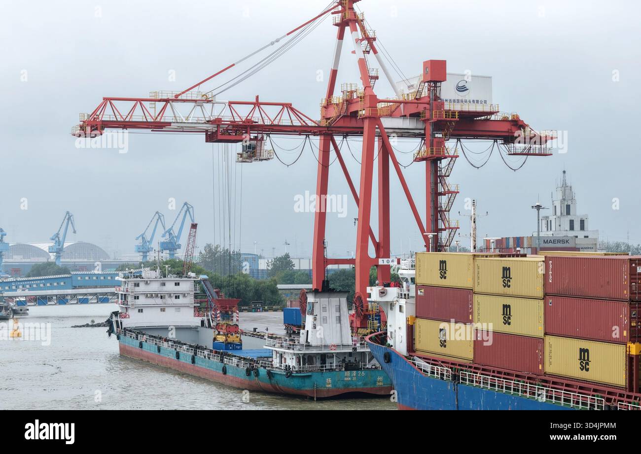 Aerial photo shows the busy container terminal at Yangzhou Port in ...