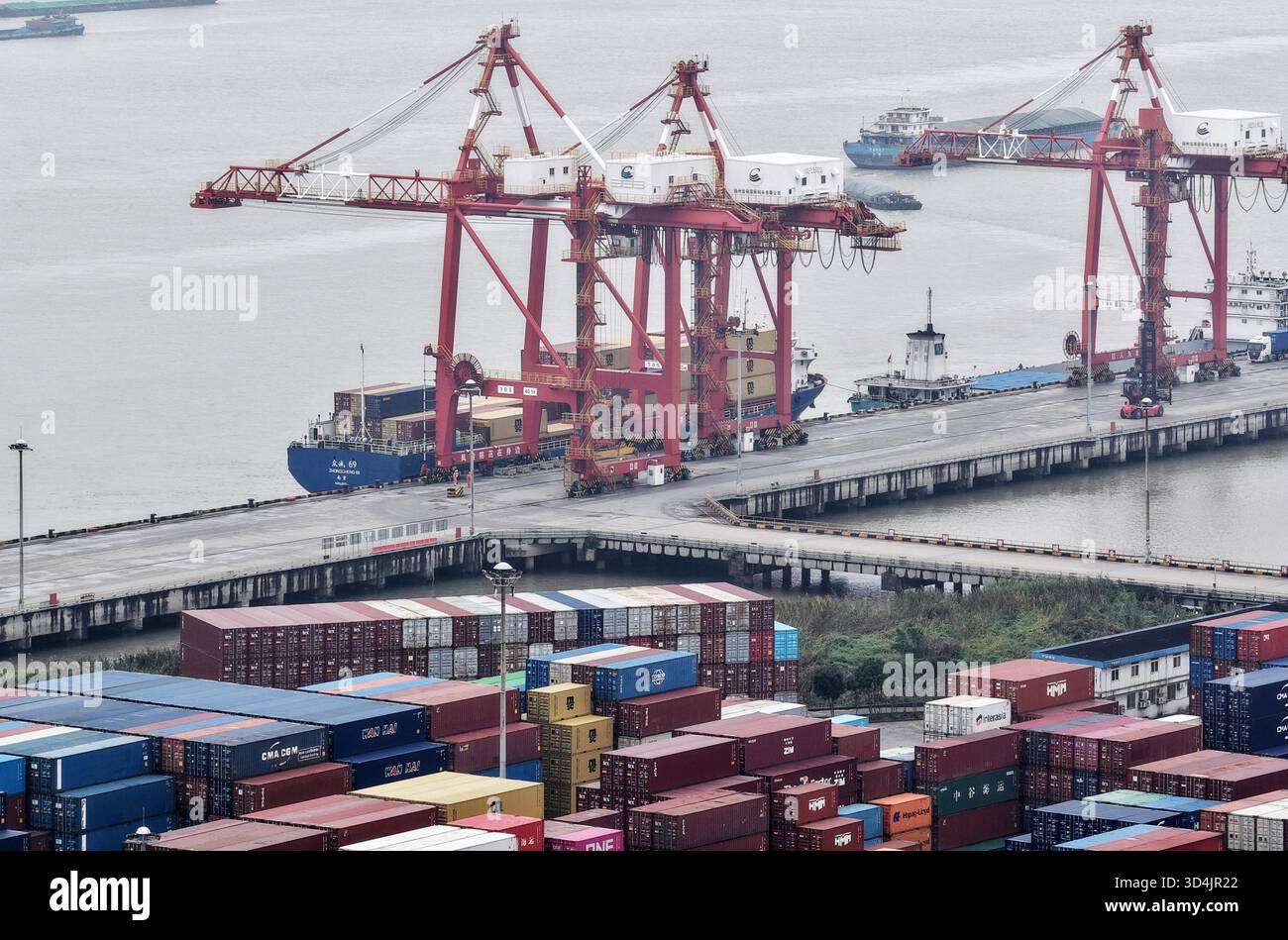 Aerial photo shows the busy container terminal at Yangzhou Port in ...