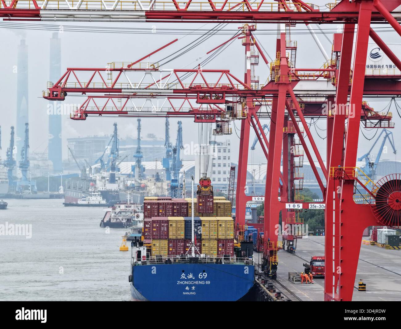 Aerial photo shows the busy container terminal at Yangzhou Port in ...